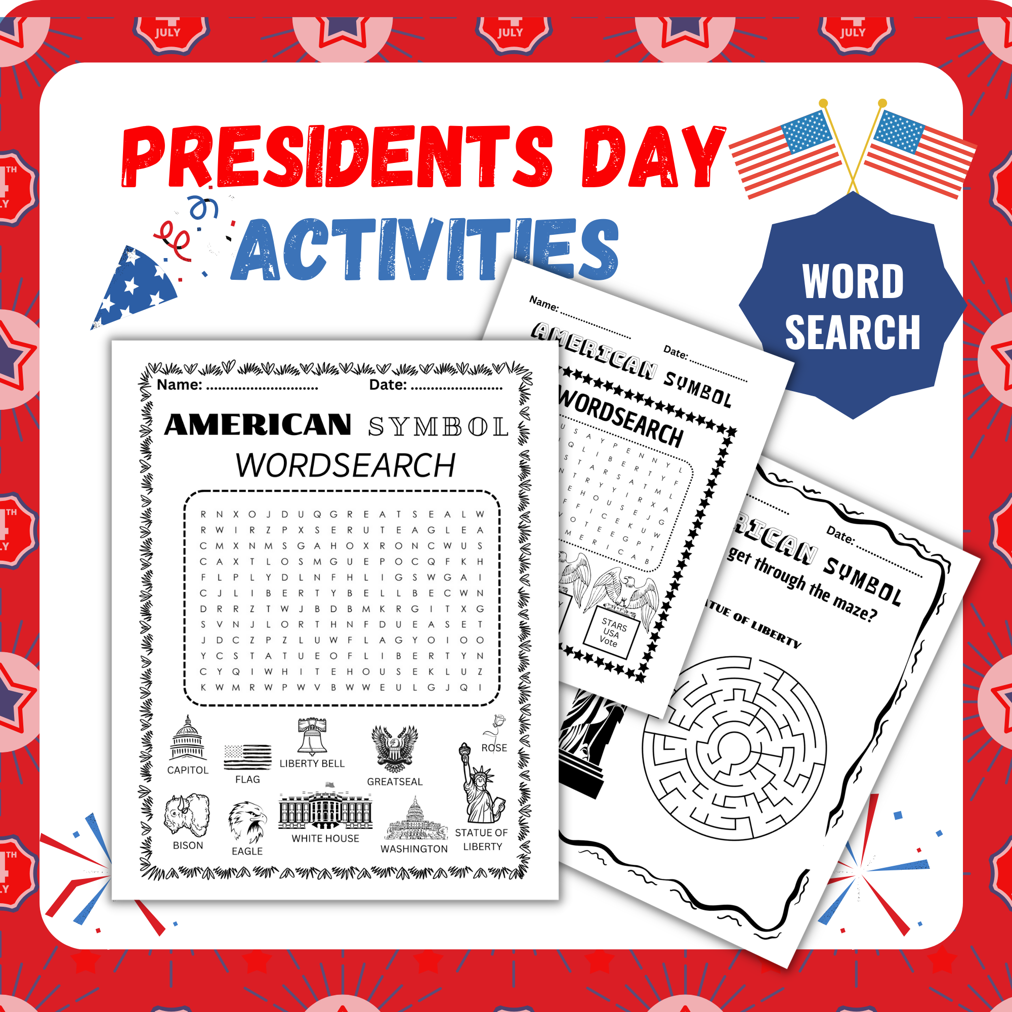USA PRESIDENT'S DAY and U.S. Symbols WORD SEARCH acitivites for PreK ...