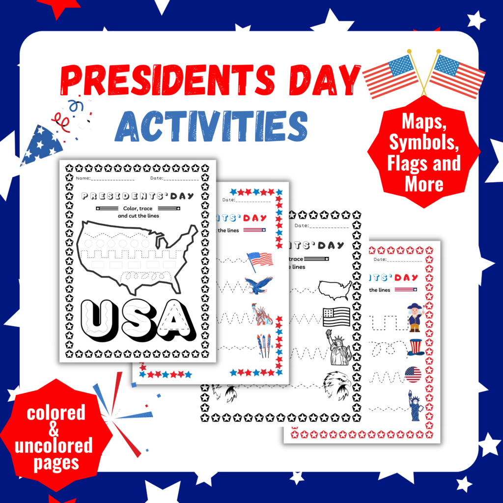 USA PRESIDENT'S DAY and U.S. Symbols Trace, color and paste activity ...
