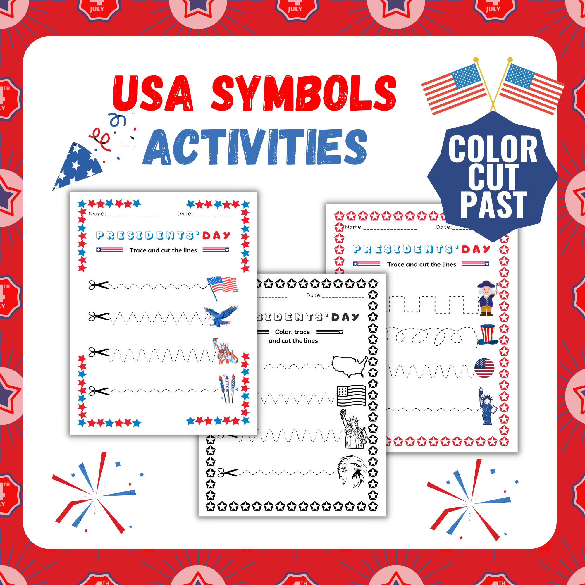 USA PRESIDENT'S DAY and U.S. Symbols Trace, color and paste activity ...