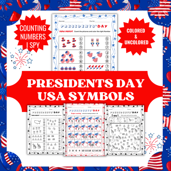 USA PRESIDENT'S DAY and U.S. Symbols Counting numbers and I spy for ...