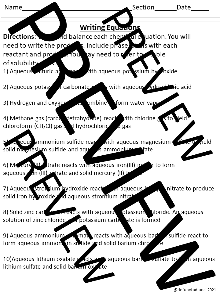 Writing Equations Worksheet Chemistry 10 Problems with Answers | Made ...