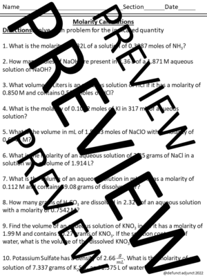 Calculating Molarity, Moles, and Volume: A Chemistry Worksheet | Made ...