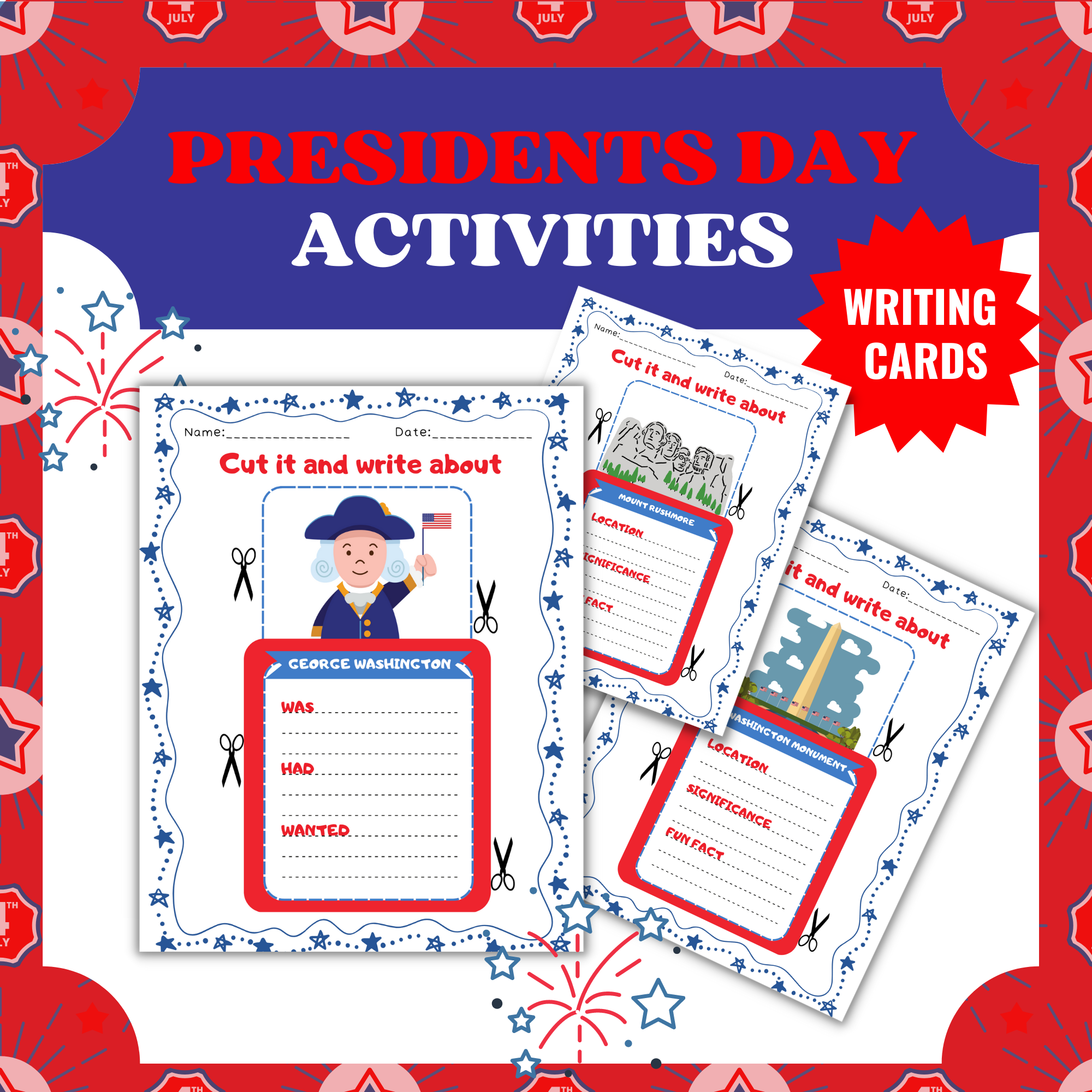 USA PRESIDENT'S DAY and U.S. Symbols cutting and writing activity for K ...