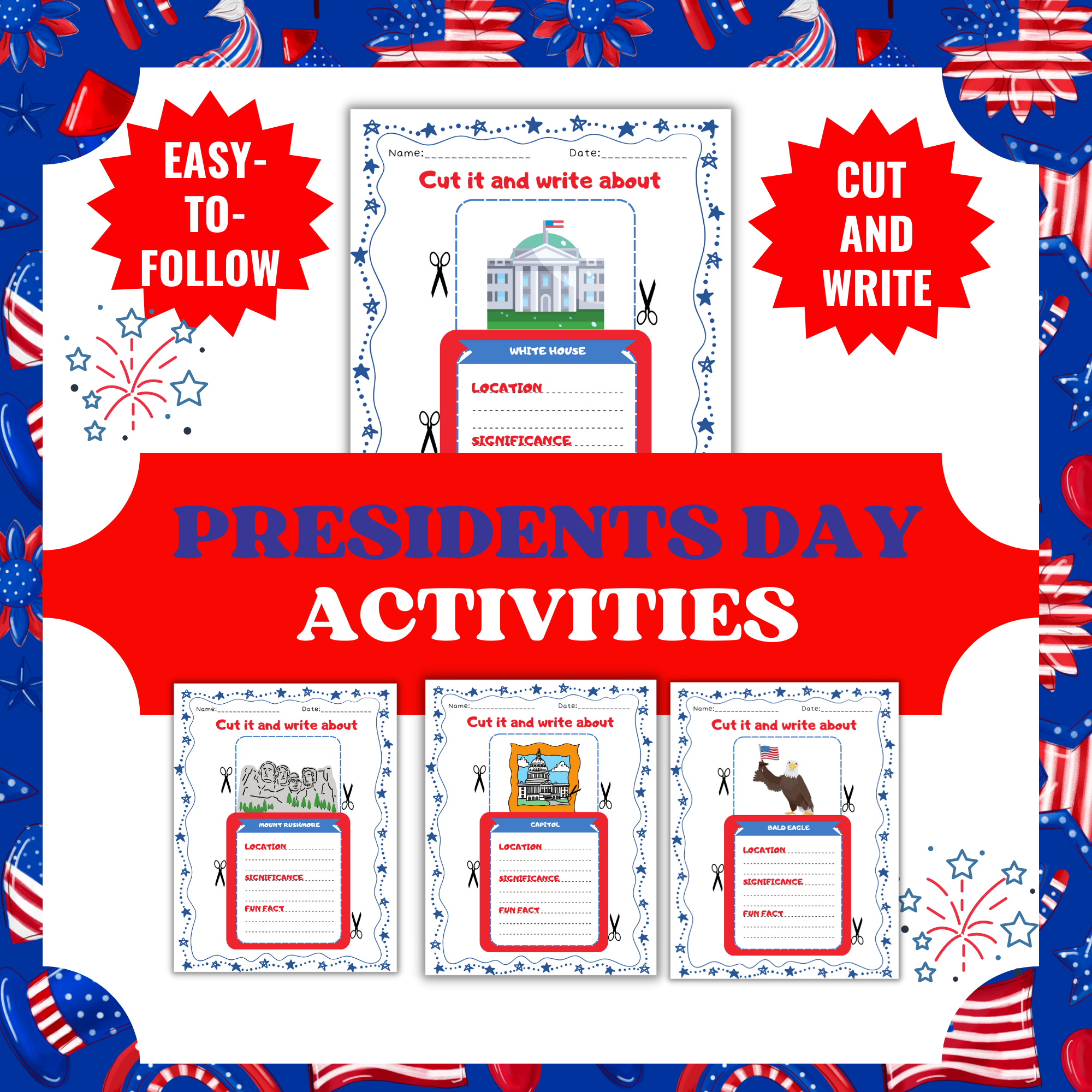 USA PRESIDENT'S DAY and U.S. Symbols cutting and writing activity for K ...