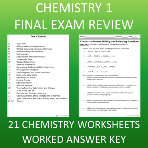 Chemistry 1 Final Exam Review: 21 Single Page Worksheets on Chemistry ...
