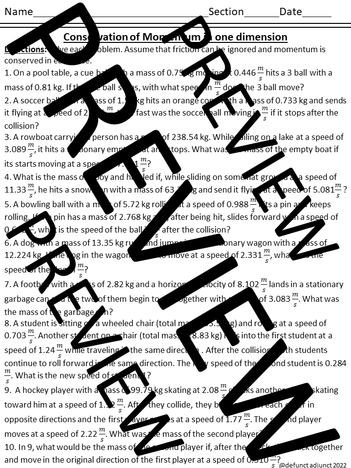 Conservation Of Linear Momentum In One Dimension A Physics Worksheet Made By Teachers