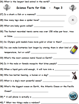 Science Facts for Kids (3 Worksheets 40 Questions) | Made By Teachers