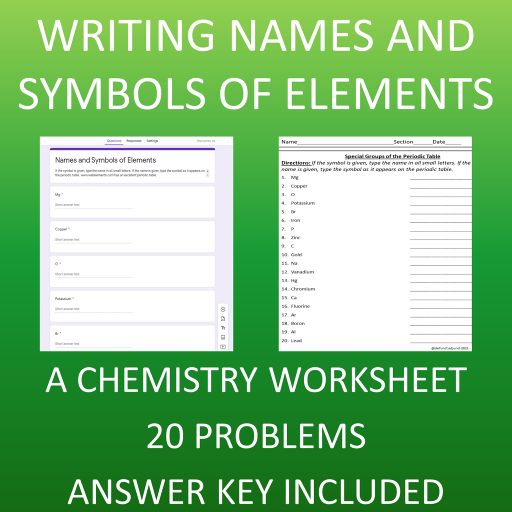 Writing Names and Symbols of Elements Worksheet Chemistry 20 Questions ...