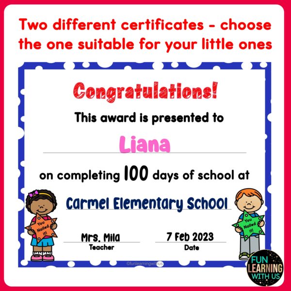 100th Day of School Certificate Editable | Made By Teachers