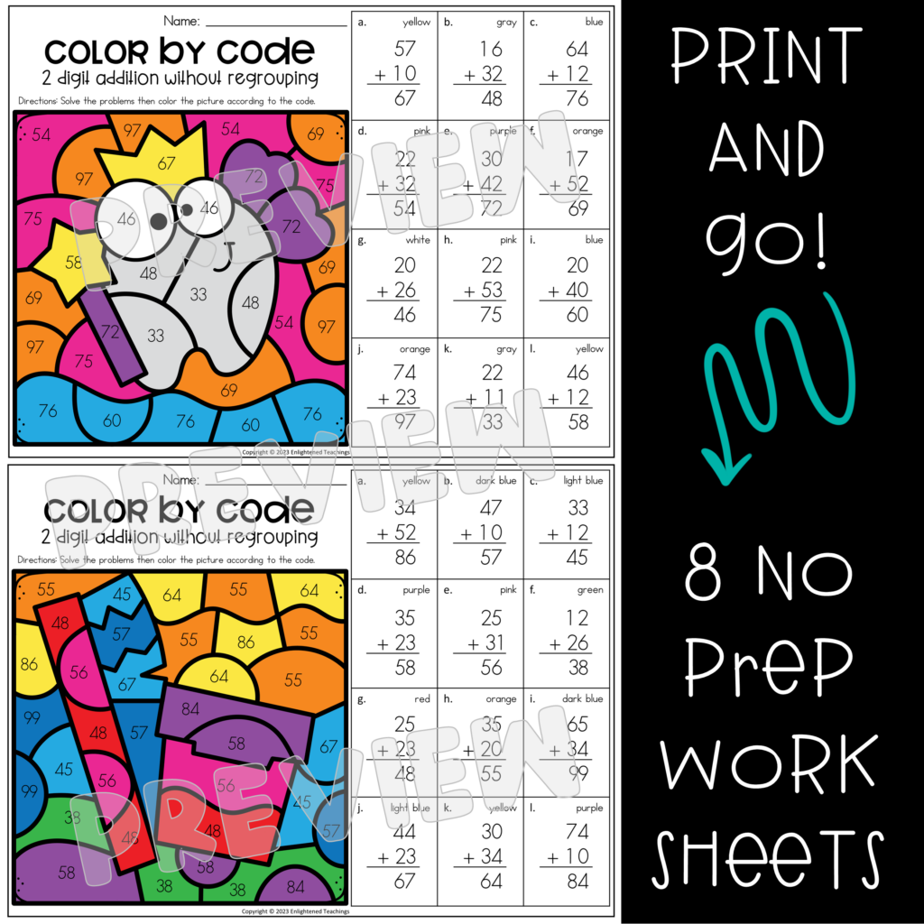 Dental Health 2 Digit Addition without Regrouping Worksheets Color by ...