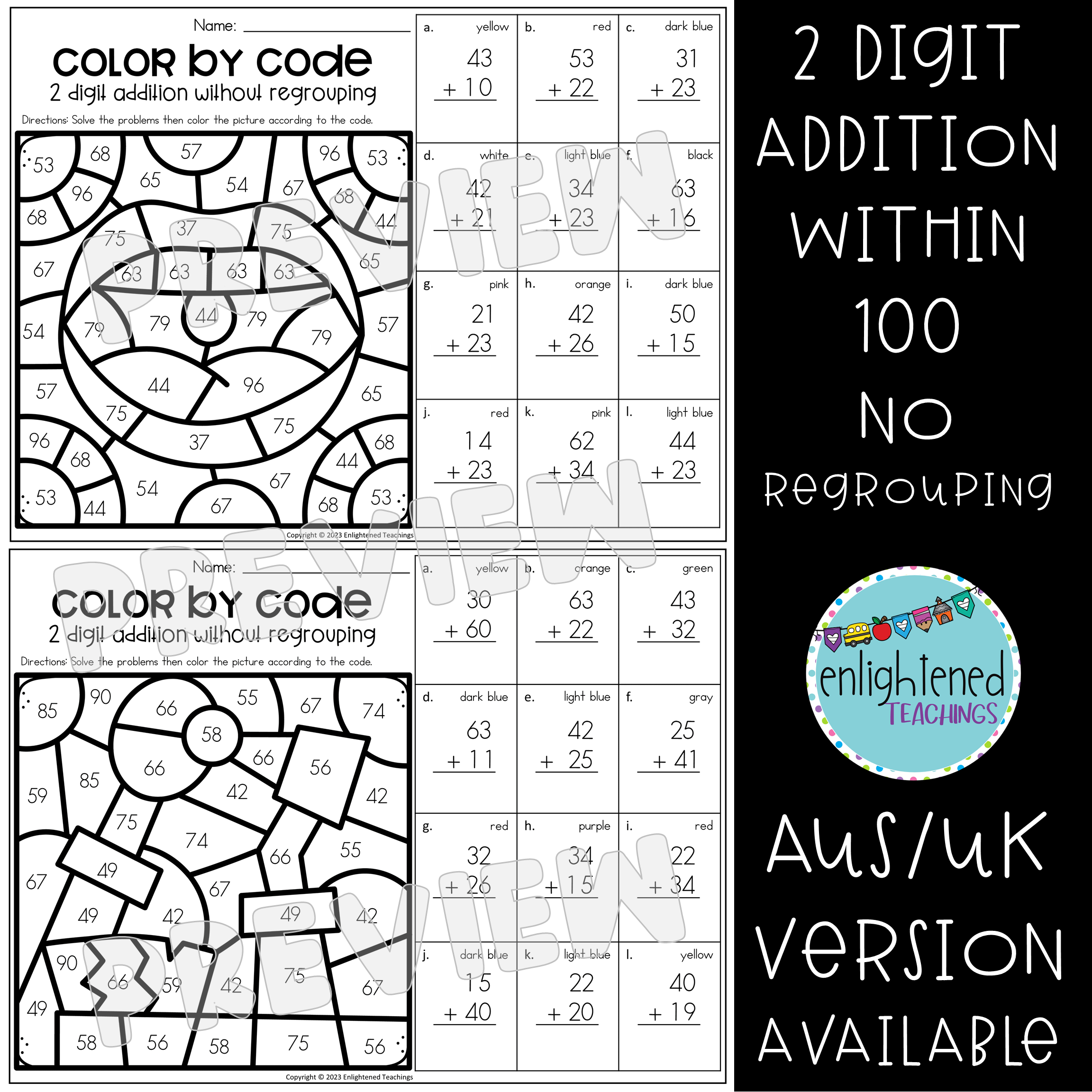 Dental Health 2 Digit Addition without Regrouping Worksheets Color by ...