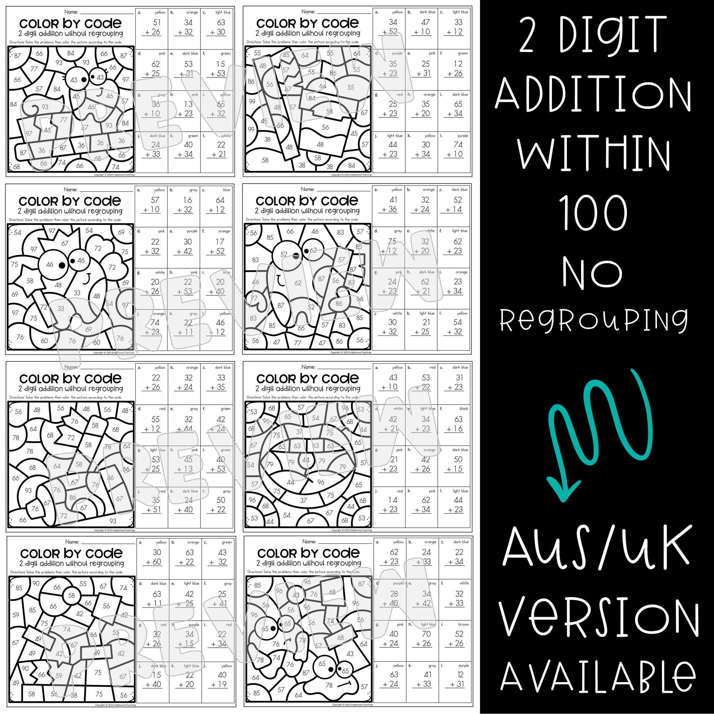 Dental Health 2 Digit Addition without Regrouping Worksheets Color by ...