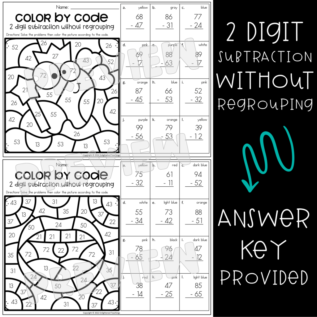 Dental Health 2 Digit Subtraction without Regrouping Worksheet Color by ...