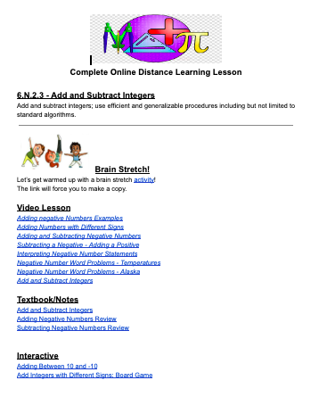 Complete Online Distance Learning 6th Math Add/Subtract Integers 6.N.2. ...