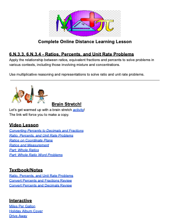 Complete Online Distance Learning 6th Ratios/Percents/Unit Rates 6.N.3. ...