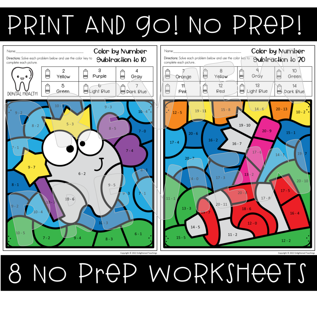 Dental Health Subtraction to 20 Color by Code Number NO PREP Coloring ...