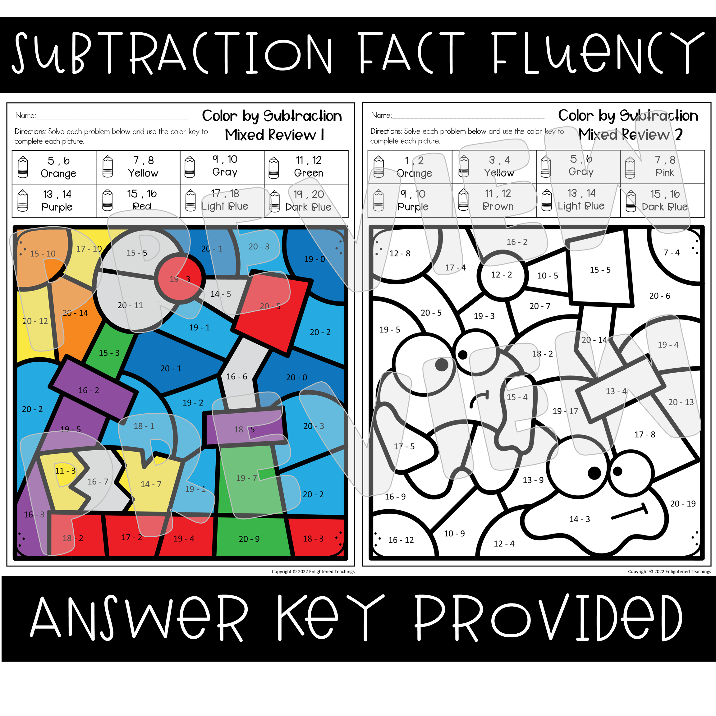 Dental Health Subtraction to 20 Color by Code Number NO PREP Coloring ...
