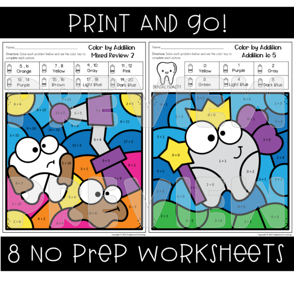 Dental Health Addition to 20 Color by Code Number NO PREP Coloring ...