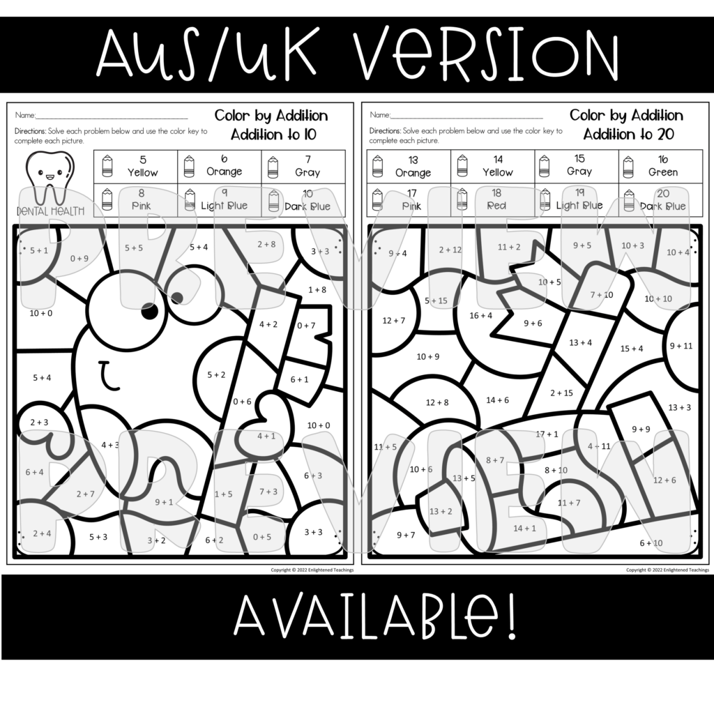 Dental Health Addition to 20 Color by Code Number NO PREP Coloring ...