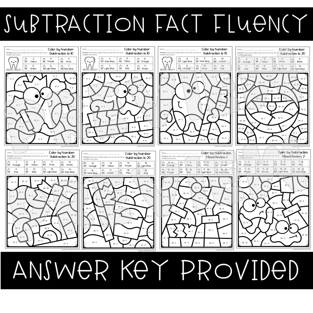 Dental Health Addition and Subtraction to 20 Color by Code BUNDLE ...