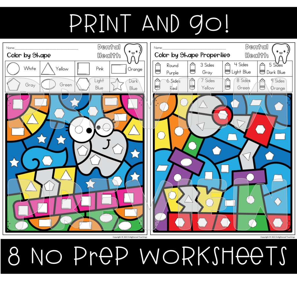 Dental Health 2D Shape Color by Shape NO PREP Dental Health Shapes ...