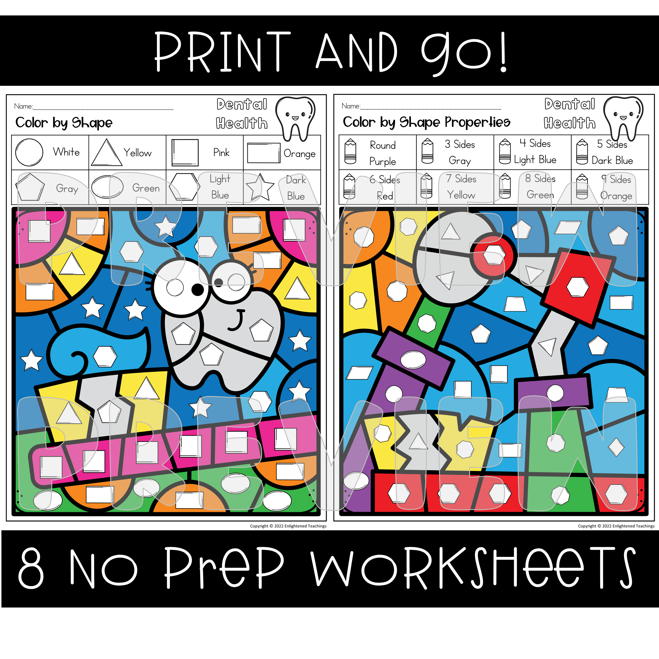 Dental Health 2D Shape Color by Shape NO PREP Dental Health Shapes ...