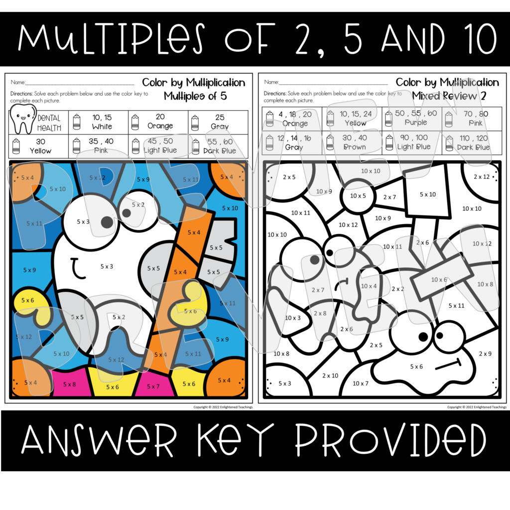 Dental Health Multiplication Color by Code Number NO PREP Coloring ...