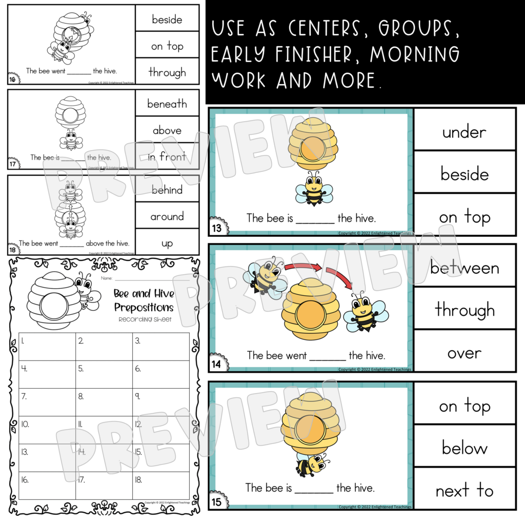 Spring Preposition Clip Cards Task Cards Positional Words Bee & Hive ...