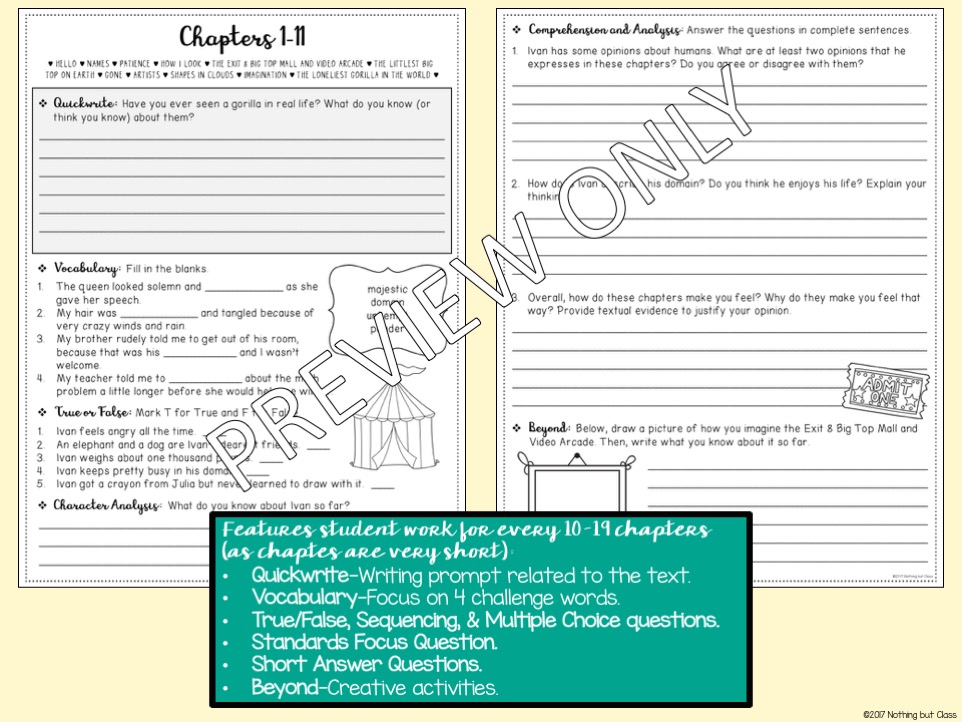 The One and Only Ivan Novel Study | Comprehension and Vocabulary with ...