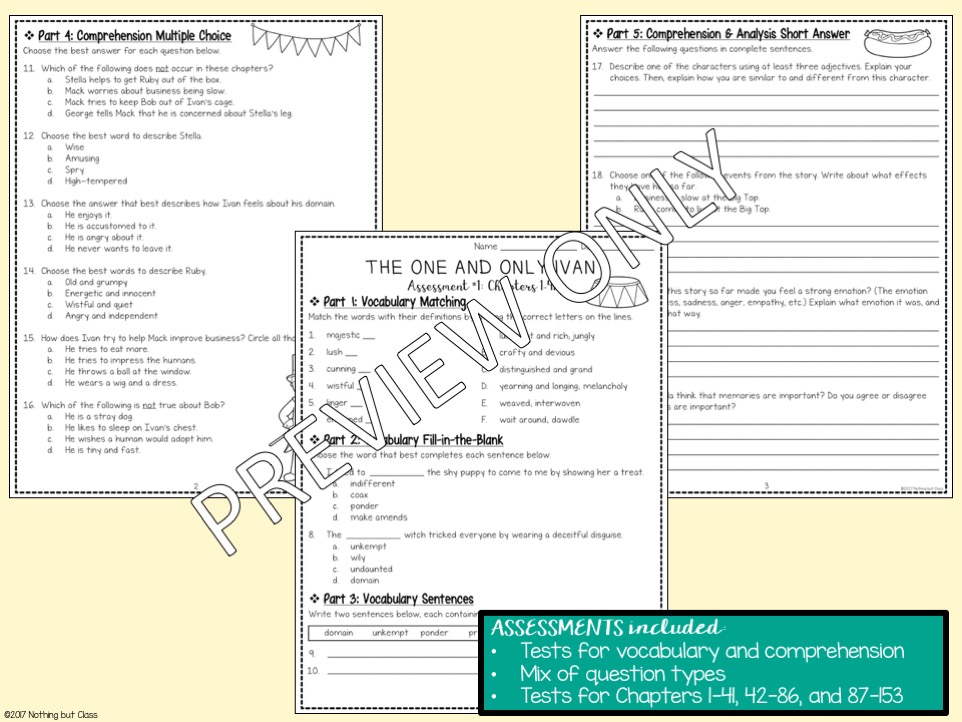 The One and Only Ivan Novel Study | Comprehension and Vocabulary with ...