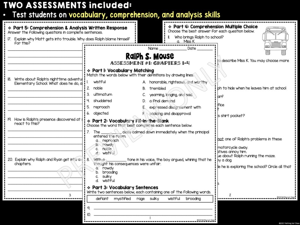Ralph S. Mouse Novel Study Unit | Comprehension and Vocabulary with ...