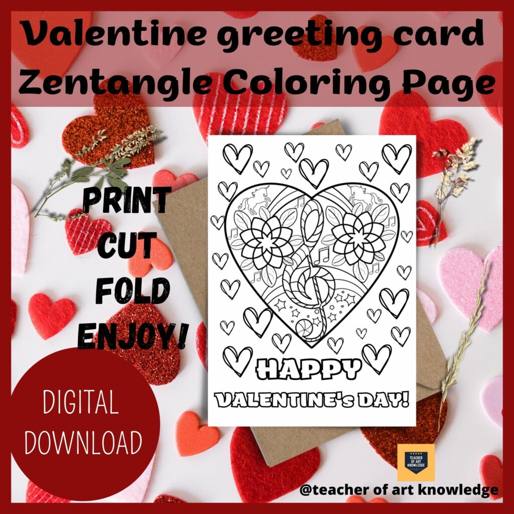 Valentine's greeting card Zentangle Coloring Page | Made By Teachers