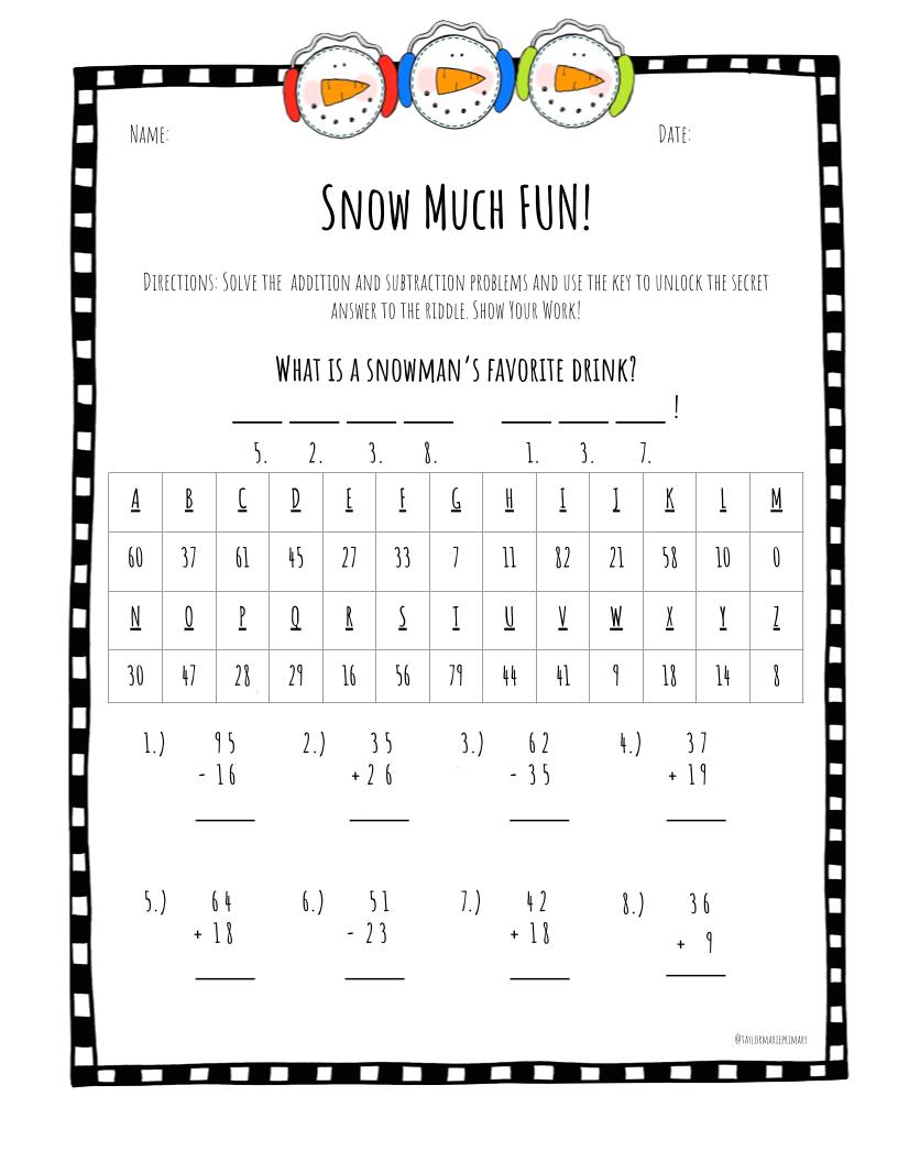 Winter Math Secret Code Riddle Worksheets, 2 Digit Addition ...