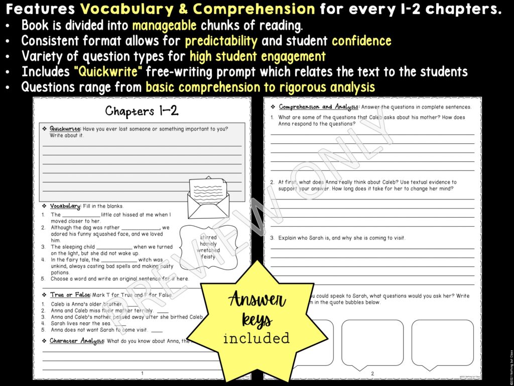 Sarah, Plain and Tall Novel Study Unit | Comprehension and Vocabulary ...