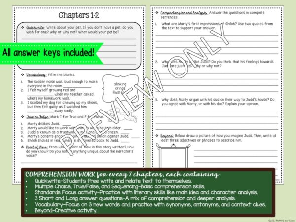 Shiloh Novel Study Unit | Comprehension and Vocabulary with Activities ...