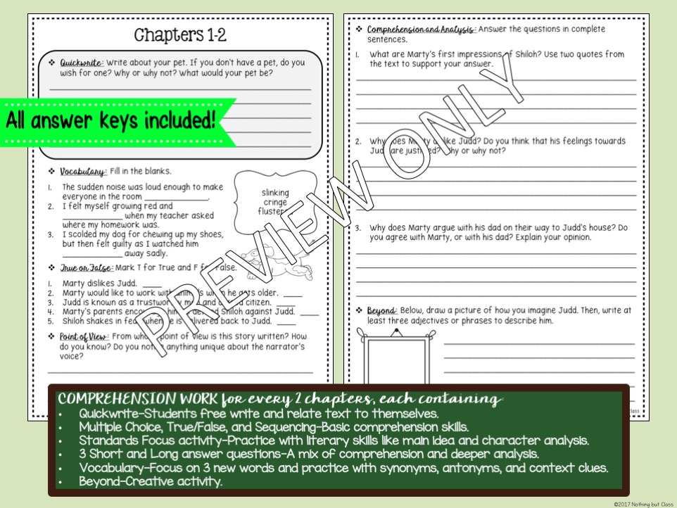 Shiloh Novel Study Unit | Comprehension and Vocabulary with Activities ...