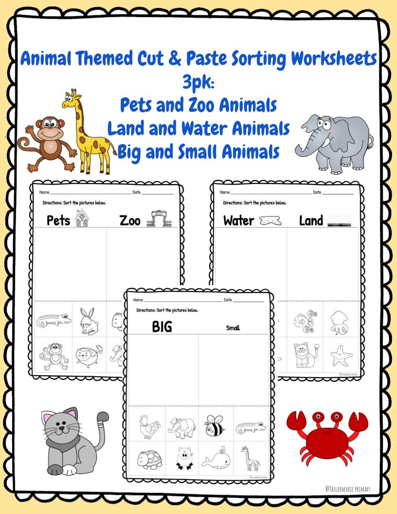 Animal Themed Cut Paste Sorting Worksheets 3 Pk Made By Teachers