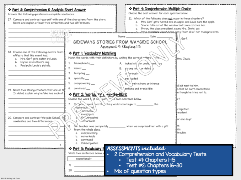 Sideways Stories from Wayside School Novel Study | Comprehension with ...