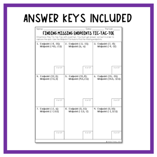 Midpoint Formula and Distance Formula Activity Tic Tac Toe Game ...