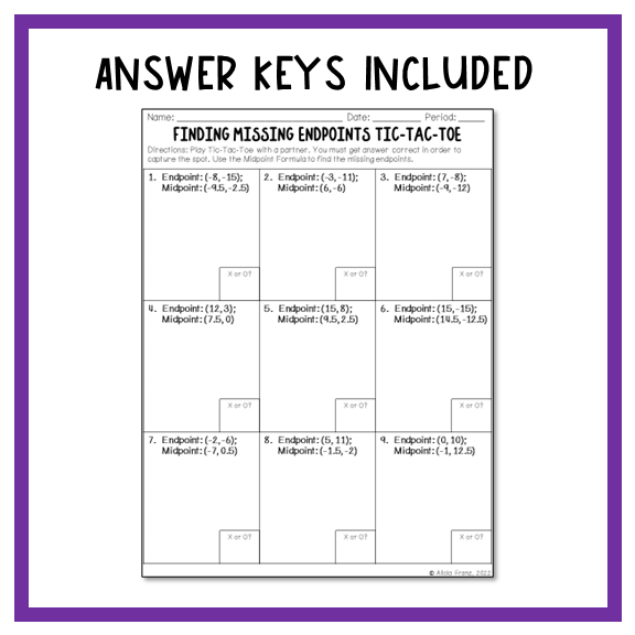 Midpoint Formula and Distance Formula Activity Tic Tac Toe Game ...