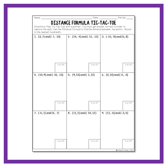 Midpoint Formula and Distance Formula Activity Tic Tac Toe Game ...