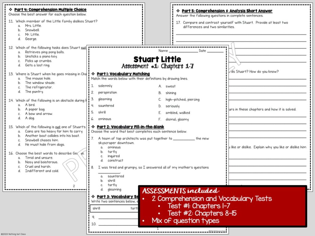 Stuart Little Novel Study Unit | Comprehension and Vocabulary with ...