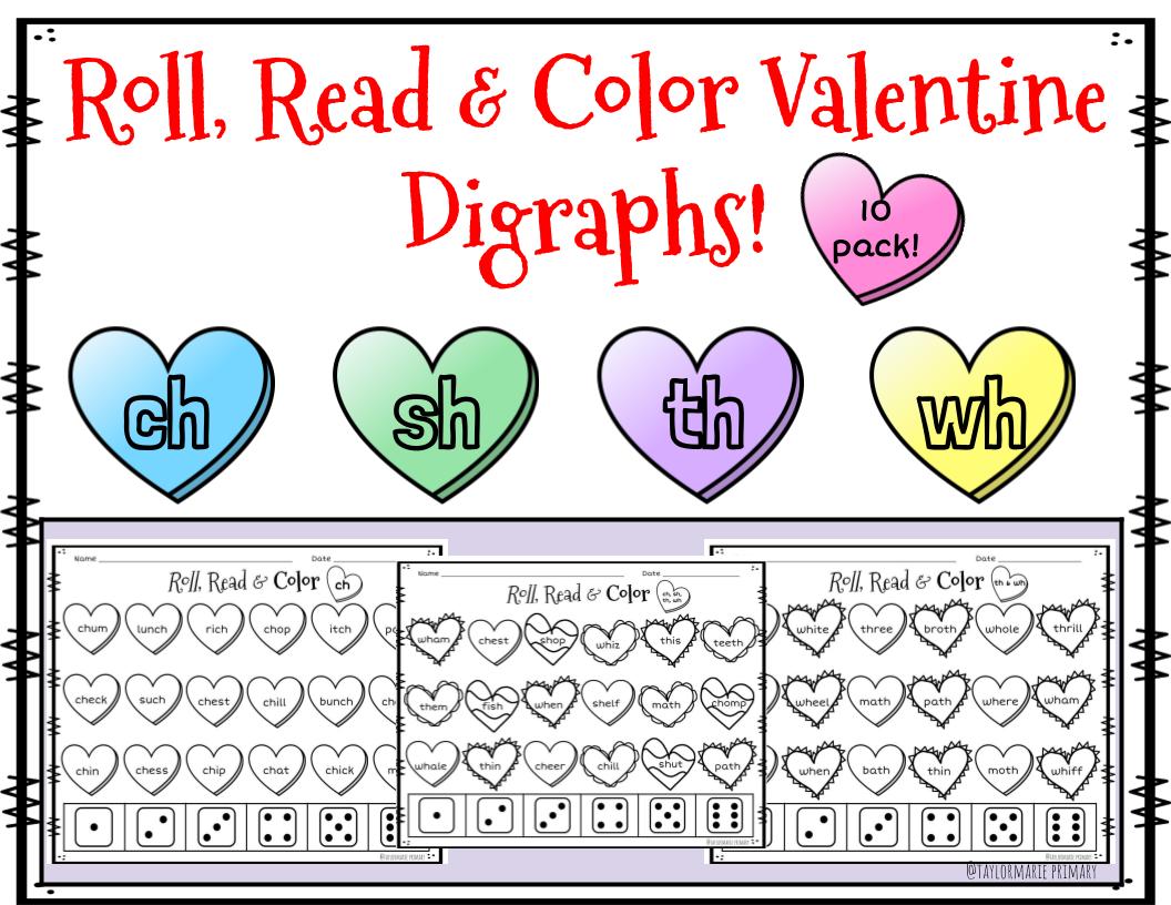 Roll, Read & Color Valentine's Consonant Digraphs - ch, sh, th, wh ...