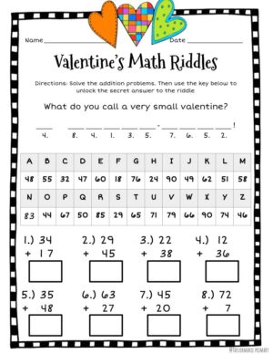 Valentine's Day Math Riddle Worksheets Two-Digit Addition Mixed ...