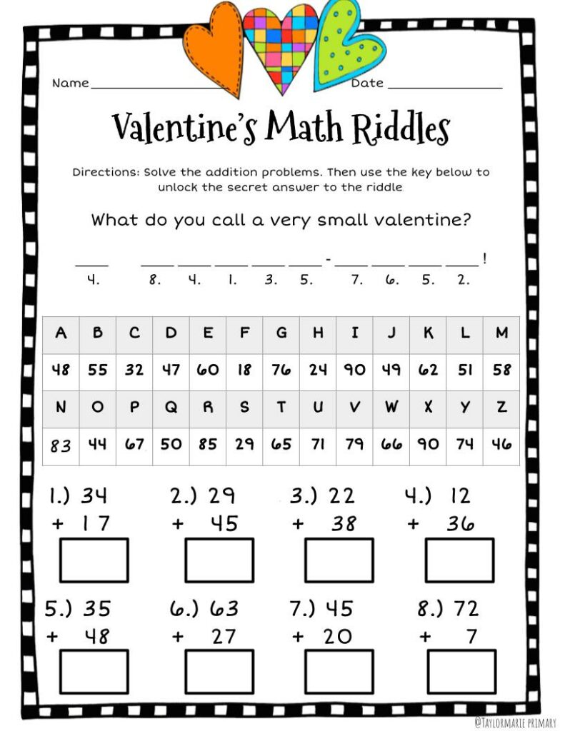 Valentine's Day Math Riddle Worksheets Two-Digit Addition Mixed ...