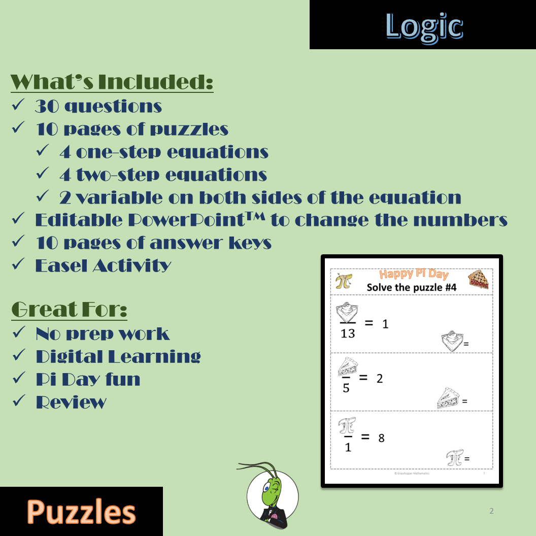 Pi Day Solving Equations | Number Sense Logic Puzzles | Algebra 1 ...