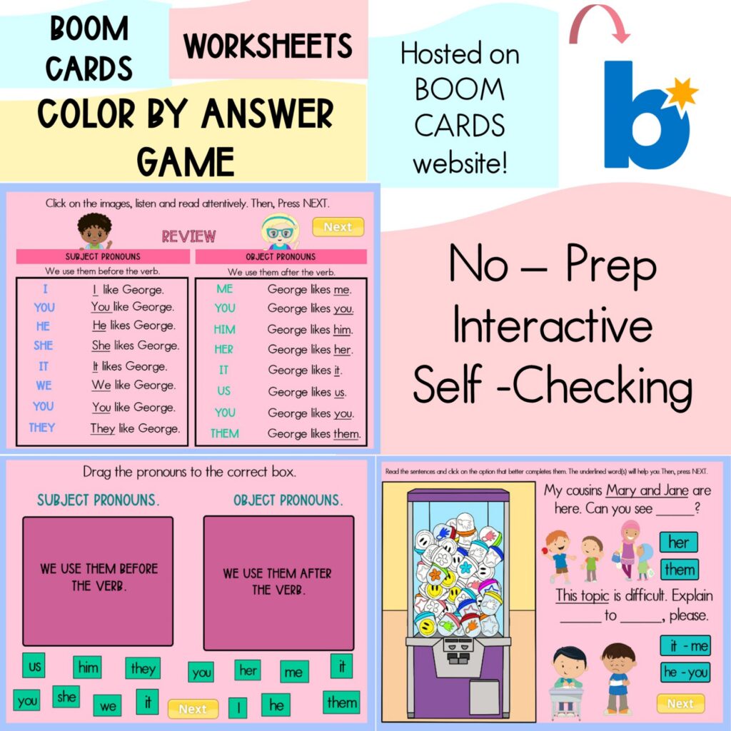 ESL |ESOL | Subject and Object Pronouns | BOOM Cards | Color by Answer ...