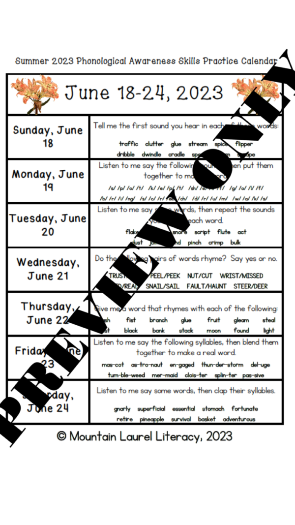 Phonological Awareness Summer Practice Calendar | Made By Teachers
