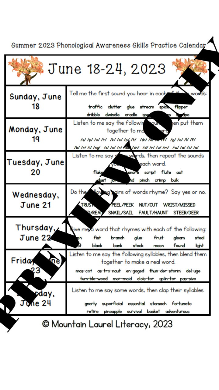 Phonological Awareness Summer Practice Calendar | Made By Teachers