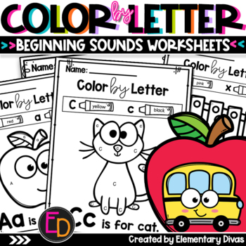 Back to School Color by Letter Beginning Sounds Worksheets | Made By ...